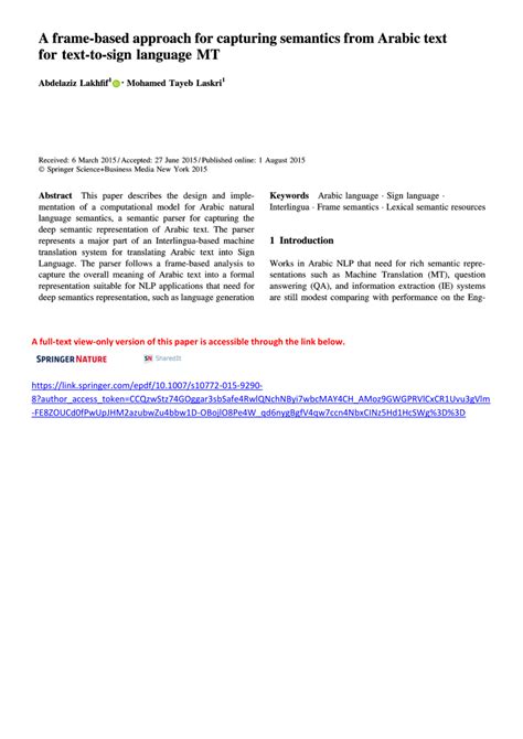 Pdf A Frame Based Approach For Capturing Semantics From Arabic Text For Text To Sign Language Mt