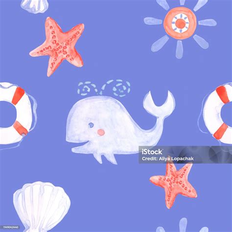 수채화 패턴 마린 스타일 스티어링 휠 불가사리 조개 고래 파란색 배경 0명에 대한 스톡 벡터 아트 및 기타 이미지 0명 게