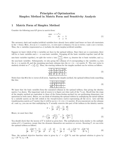 Matrix Form Of Simplex Methods And The Sensitivity Analysis Math 364