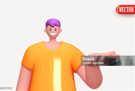 행복한 쾌활한 청년이 손바닥을 벌려 놓습니다 캐주얼 한 옷을 입은 어린 잘 생긴 소년이 손을 벌려 보여줍니다 현실적인 만화