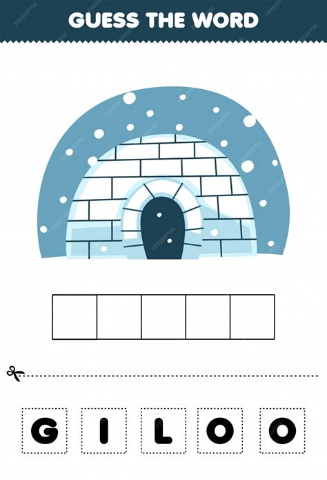 아이들을 위한 교육 게임은 귀여운 만화 이글루 인쇄용 겨울 워크시트를 연습하는 단어 글자를 추측합니다 프리미엄 벡터