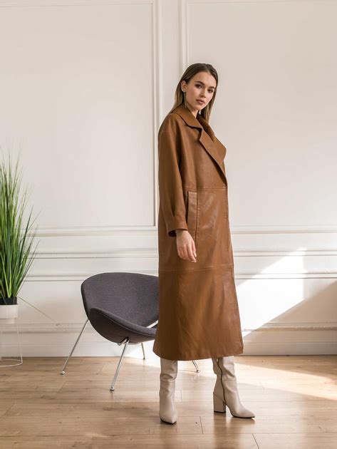 Довге пальто з натуральної шкіри коричневого кольору M Брендовий одяг Rozetka