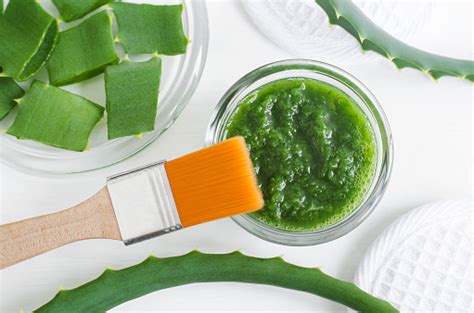 알로에 베라 퓌레와 화장품 브러시와 작은 유리 그릇 홈 메이드 페이셜 또는 헤어 마스크 자연의 아름다움과 스파 흰색 배경입니다