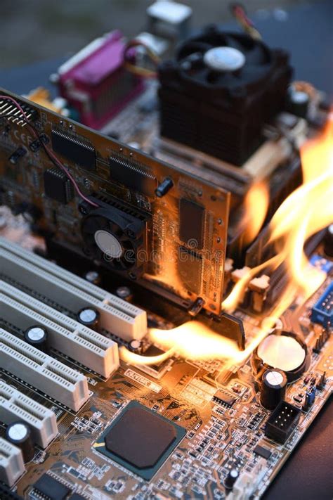 Fire Burning Blazing Computer Motherboard Cpugpu And Video Card Processor On Circuit Board