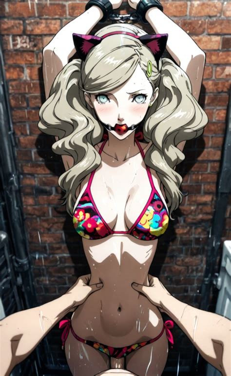 Rule 34 Against Wall Ai Generated Ann Takamaki Arms Up Ball Gag