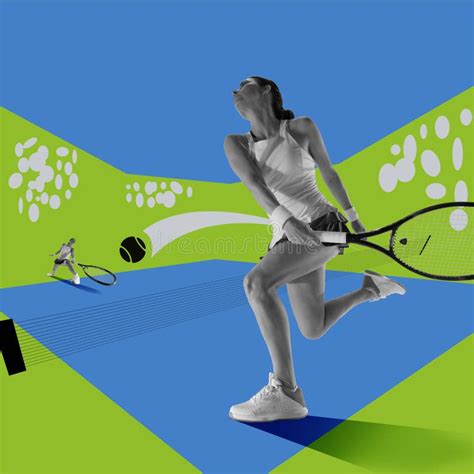 Conceptual Art Design Stylized Female Athlete Swings Powerful Return Toward Rival Across