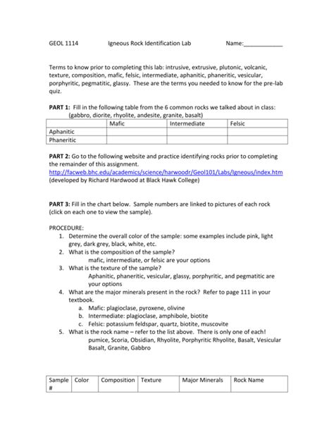Igneous Rock Identification Lab Assignment