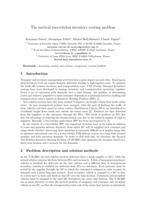 Pdf The Tactical Two Echelon Inventory Routing Problem