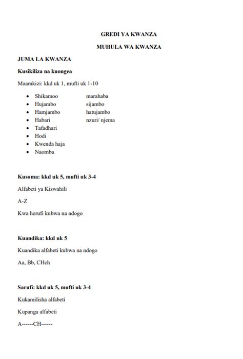 Kiswahili Grade 1 Notes Download For Lower Primary School