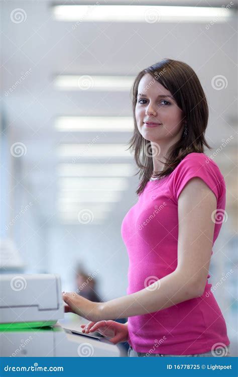 Pretty Young Woman Using A Copy Machine Stock Image Image Of Hair