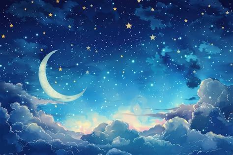 Cartoon Starry Sky Artistic Crescent Moon In Blue Night Sky Background