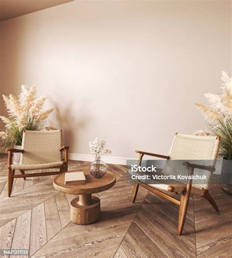 베이지 자연 인테리어 거실 스칸디나비아 안락의자와 마른 식물이 있는 재패니디 디자인 룸의 빈 벽 모형 3d 렌더링 고품질 3d 그림 단순함에 대한 스톡 사진 및 기타 이미지