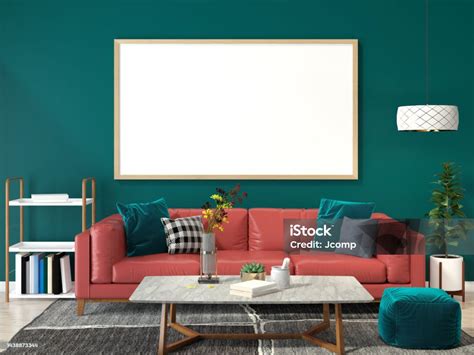 밝은 배경에 격리된 거실의 소파 뒤에 있는 나무 바닥의 포스터 프레임 모형 3d 렌더링 3d 그림 0명에 대한 스톡 사진 및 기타 이미지 Istock