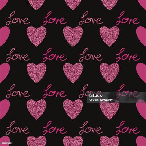 매끄러운 패턴 귀여운 분홍색 마음은 발렌타인 데이 그래픽 패션 직물 포장 벽지 가정 장식을 위해 설계된 검은 배경에 기호 그림을 사랑해요 0명에 대한 스톡 벡터 아트 및