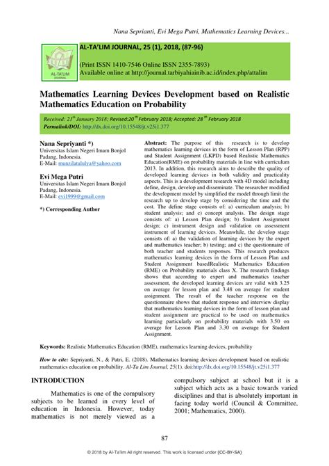 Pdf Mathematics Learning Devices Development Based On Realistic Mathematics Education On