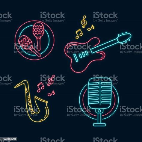 코미디 전기 기타 마라 카스 색소폰 네온 사인 스탠드에 대 한 마이크 노래방의 축제 상징 음악이 게 빛나는 밝은 개념 벡터는 일러스트 레이 션 고립 네온에 대한 스톡 벡터