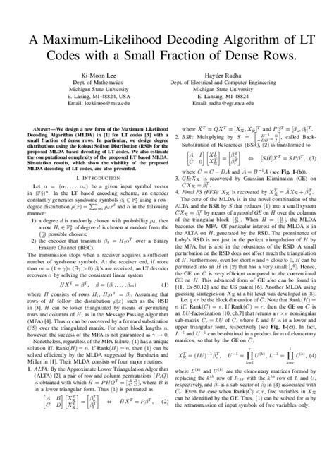 Pdf A Maximum Likelihood Decoding Algorithm Of Lt Codes With A Small Fraction Of Dense Rows