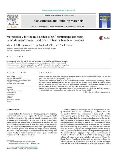 Pdf Methodology For The Mix Design Of Self Compacting Concrete Using Different Mineral