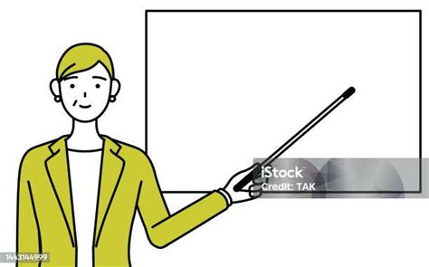 양복을 입은 고위 여성 여성 관리자 경력 여성이 표시기 막대기로 화이트보드를 가리키는 간단한 선 그리기 그림 하얀 칠판에 대한 스톡 벡터 아트 및 기타 이미지 Istock
