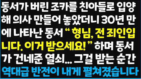 신청사연 동서가 버린 조카를 친아들로 입양해 의사 만들어 놓았더니 30년 만에 나타난 동서 형님 전 죄인입니다 이거 받으세요 ~ 신청사연 사이다썰 사연