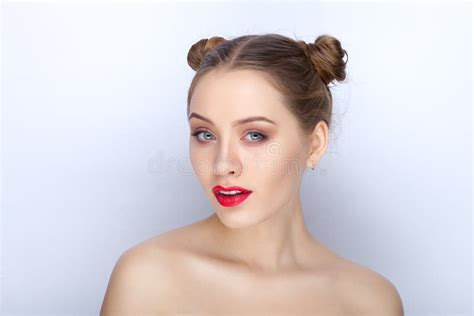 Portrait Of A Young Pretty Woman With Trendy Makeup Bright Red Lips