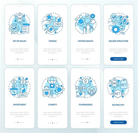 Dao Elements And Usage Purpose Blue Onboarding Mobile App Screens Set Walkthrough 4 Steps