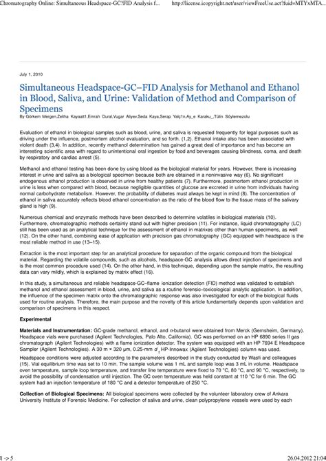 Pdf Simultaneous Headspace Gc Fid Analysis For Methanol And Ethanol