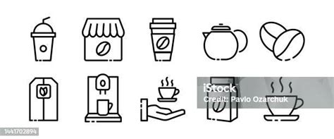 카페 세트 아이콘입니다 커피 라떼 카푸치노 아메리카노 머그잔 차 티백 허브 커피 원두 커피 하우스 개념 유리 형태 스타일 비즈니스에 대 한 흰색 배경에 벡터 검정 설정