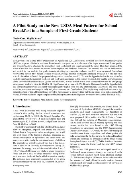 Pdf A Pilot Study On The New Usda Meal Pattern For School Breakfast