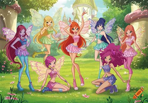 A Group Of Seven Colorful Cartoon Fairies With Wings Stand And Sit In A