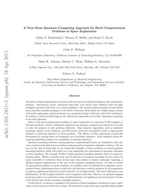 Pdf A Near Term Quantum Computing Approach For Hard Computational Problems In Space Exploration