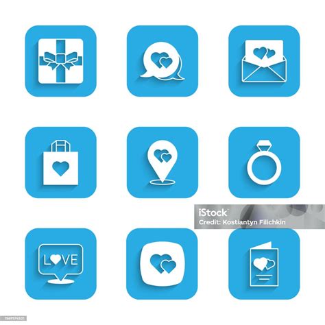 하트 하트 발렌타인 데이 전단지 결혼 반지 사랑 텍스트 쇼핑백 봉투 및 선물 상자 아이콘으로 위치를 설정합니다 벡터 개념에 대한 스톡 벡터 아트 및 기타 이미지 Istock