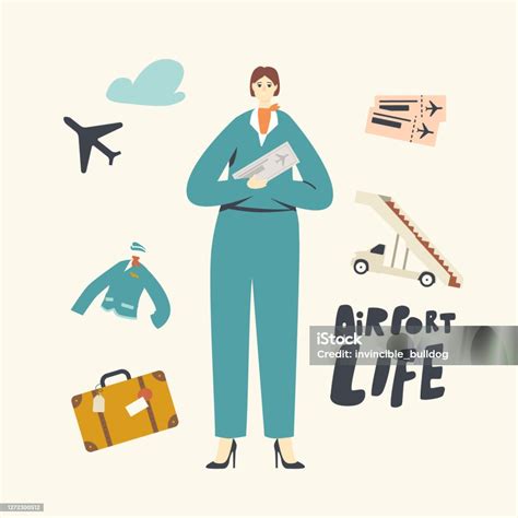 스튜어디스 캐릭터 착용 유니폼 홀딩 티켓 손에 승객을 초대합니다 항공사 운송 서비스 비행기 승무원 개발에 대한 스톡 벡터 아트 및 기타 이미지 Istock