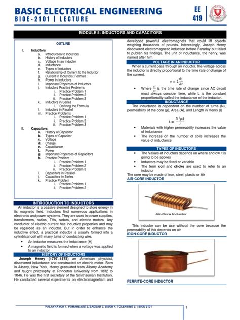 Ee 419 Bee Lec Module 5 Pdf Capacitor Inductor