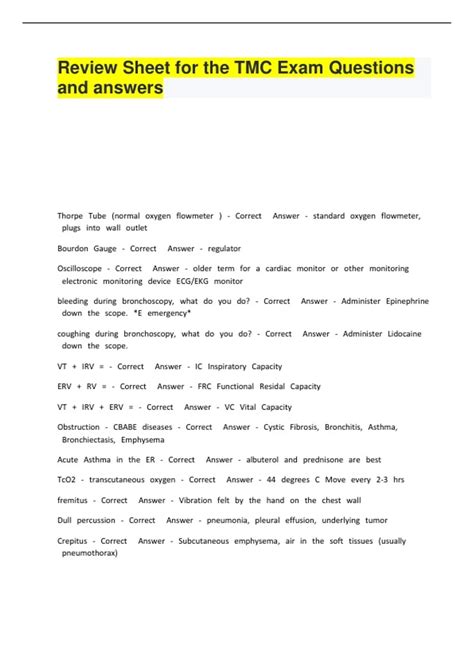 Review Sheet For The TMC Exam Questions And Answers TMC Stuvia US