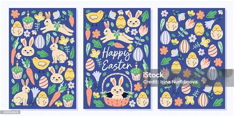 해피 부활절 3 토끼와 다른 요소가 있는 수직 포스터 모음 어두운 배경에 손으로 그린 카드를 인사합니다 부분적인 윤곽선이 있는 평면 그림 고립된 벡터 일러스트레이션 개체