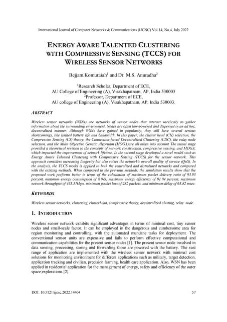 Energy Aware Talented Clustering With Compressive Sensing Tccs For Wireless Sensor Networks Pdf