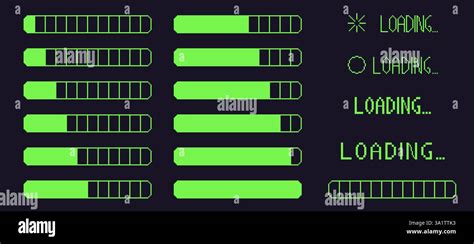 Pixel Art Retro Loading Bar Interface 8 Bit Progress Button Elements Set And Text Green Stroke