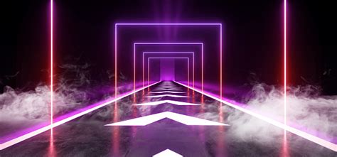 연기 안개 화살표 트랙 콘크리트 그런 지 벽돌 복도 터널 어두운 홀 반사 네온 빛나는 공상 과학 Fi 미래 지향적 인 현대 경로 보라색 파란색 활기찬 사각형 모양 게이트