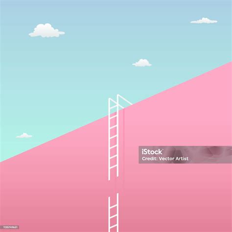 미니 멀 아트 디자인으로 목표 도전 시각적 개념에 도달 하기 위해 도전을 통과 하십시오 하늘과 높이 사다리를 향해 높은 거 대 한 벽 절반 벡터 일러스트 레이 션에서 잘라