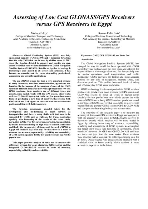 Pdf Assessing Of Low Cost Glonassgps Receivers Versus Gps Receivers In Egypt