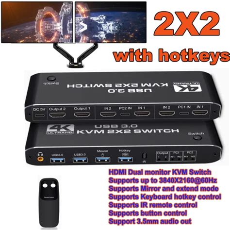 HDMI KVM Switch K Hz Dual Monitor USB KVM Switch Computers Share Monitors Audio