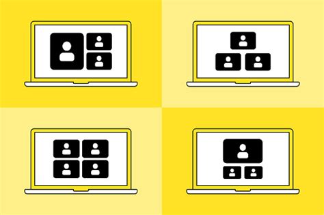 아이콘을 설정합니다 노트북에서 온라인 화상 통화 4개의 장치 더 많은 사용자 개체 그룹에 대한 스톡 벡터 아트 및 기타 이미지 개체 그룹 그래픽 사용자 인터페이스