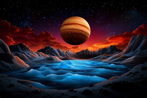 A Giant Planet Hangs Above A Futuristic Alien Landscape With A Red And