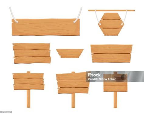 나무 배너 정보 게시판 세트 광고판 템플릿 농촌 발표 표지판 벡터 만화 컬렉션 나무 질감 배경 간판에 대한 스톡 벡터 아트 및
