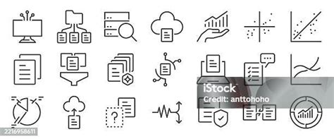 데이터 기반 아이콘 집합입니다 여기에는 파일 폴더 클라우드 서버 트랜잭션 및 더 많은 아이콘이 포함됩니다 편집 가능한 벡터 스트로크 결정에 대한 스톡 벡터 아트 및 기타
