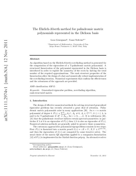 pdf ehrlich aberth method for palindromic polynomials
