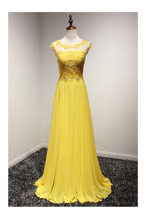 Flowy Long Chiffon Prom Dress In Yellow With Lace Beading Top 149