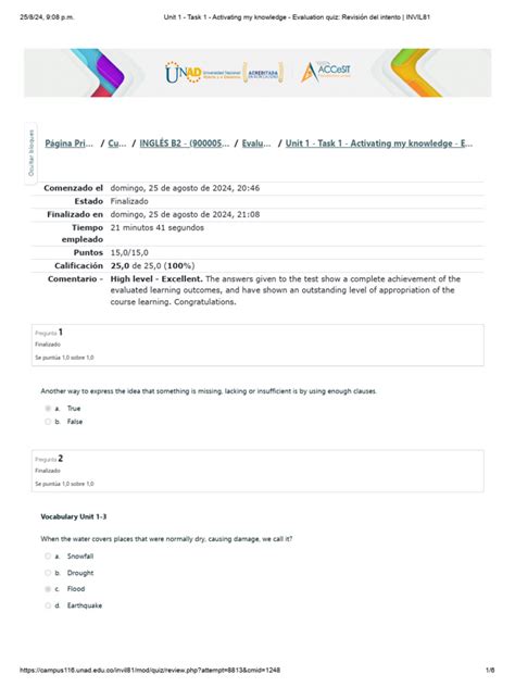 Unit 1 Task 1 Activating My Knowledge Evaluation Quiz Revisión Del Intento Invil81 Pdf