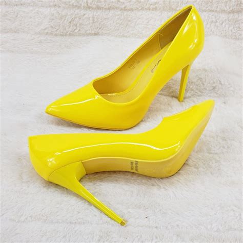 Fabio Yellow Patent High Heel Shoes Pointy Toe Pump 7 11 Patent High